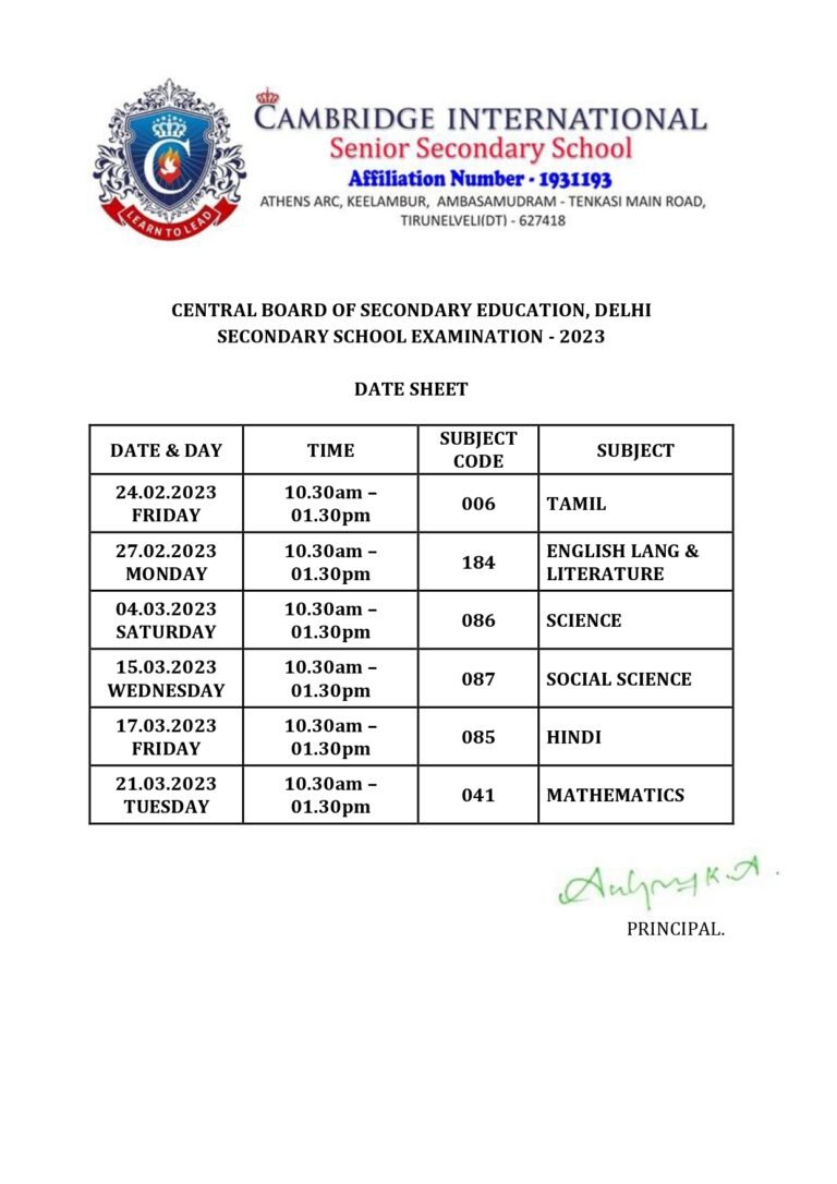 Grade X Board Examination Time Table – Cambridge International School